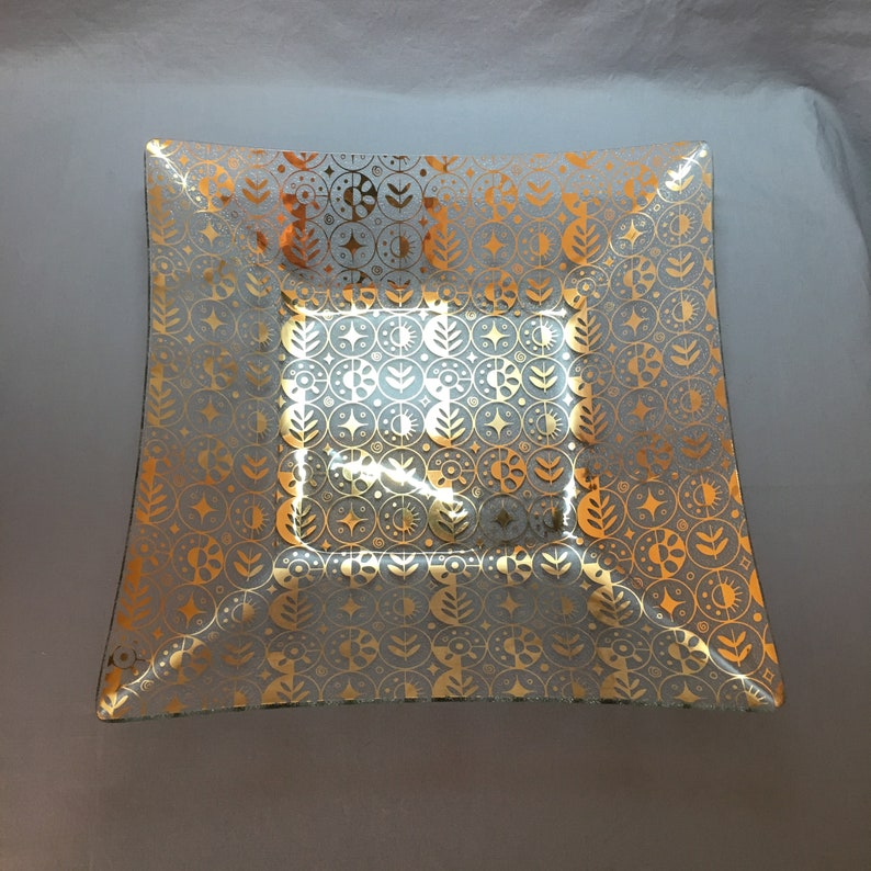 Georges Briard Square Glass Dish, Vintage Serving Tray, Gold Decoration ...
