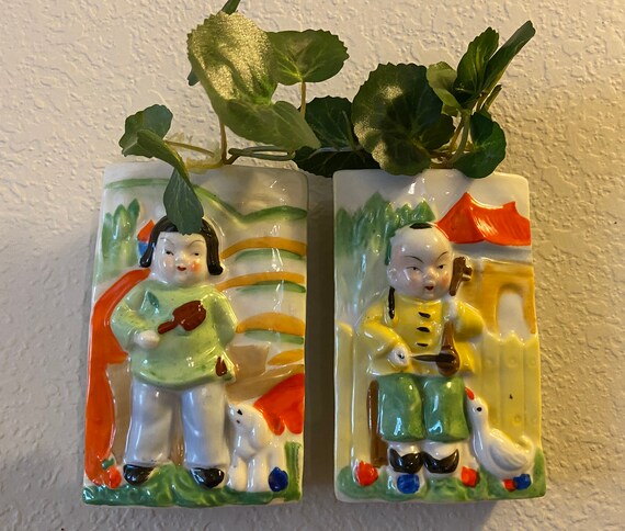 Rare Vintage Boy and Girl Wall Pockets Made in Occupied Japan - Etsy