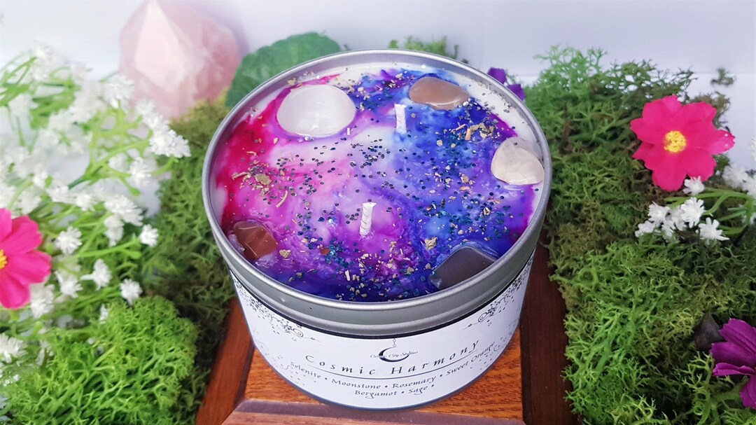 Cosmic Harmony Celestial Colourful Crystal Candle With Selenite, Moonstone, Green Sage Luxury ...