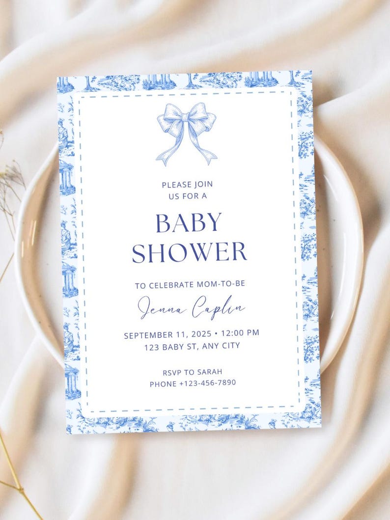 Baby Blue Toile Baby Shower Invitation, Editable Template (digital ...