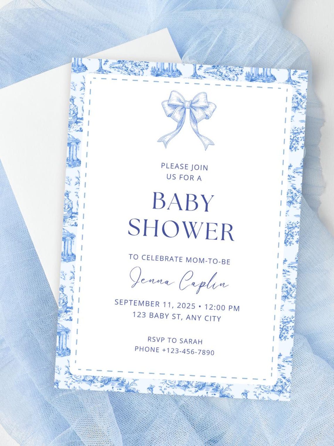 Baby Blue Toile Pattern Shower Invitation, Party Editable Template ...
