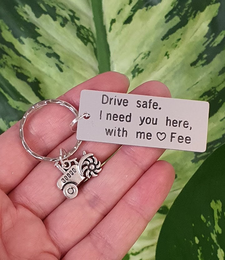 Personalized Drive Safe Keychain With Tractor Charm Custom - Etsy