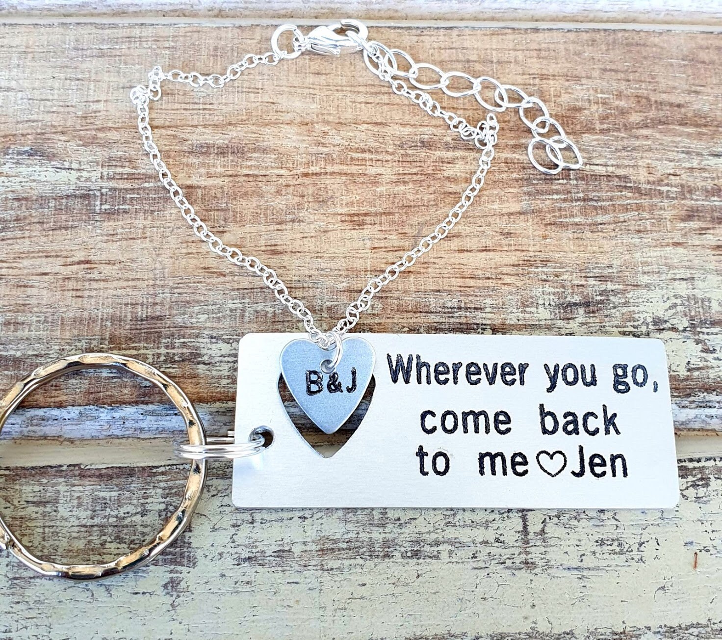 Personalized Keychain, Bracelet and Keychain Set, Wherever You Go, Heart Cutout, Couples ...