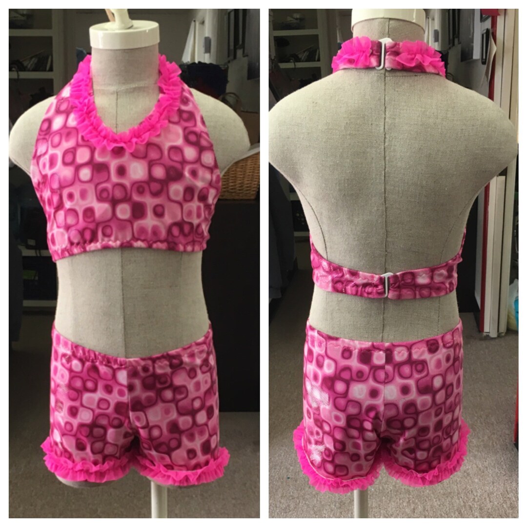 Pink Holographic Print Booty Shorts and Crop Top Set With Pink Ruffle ...