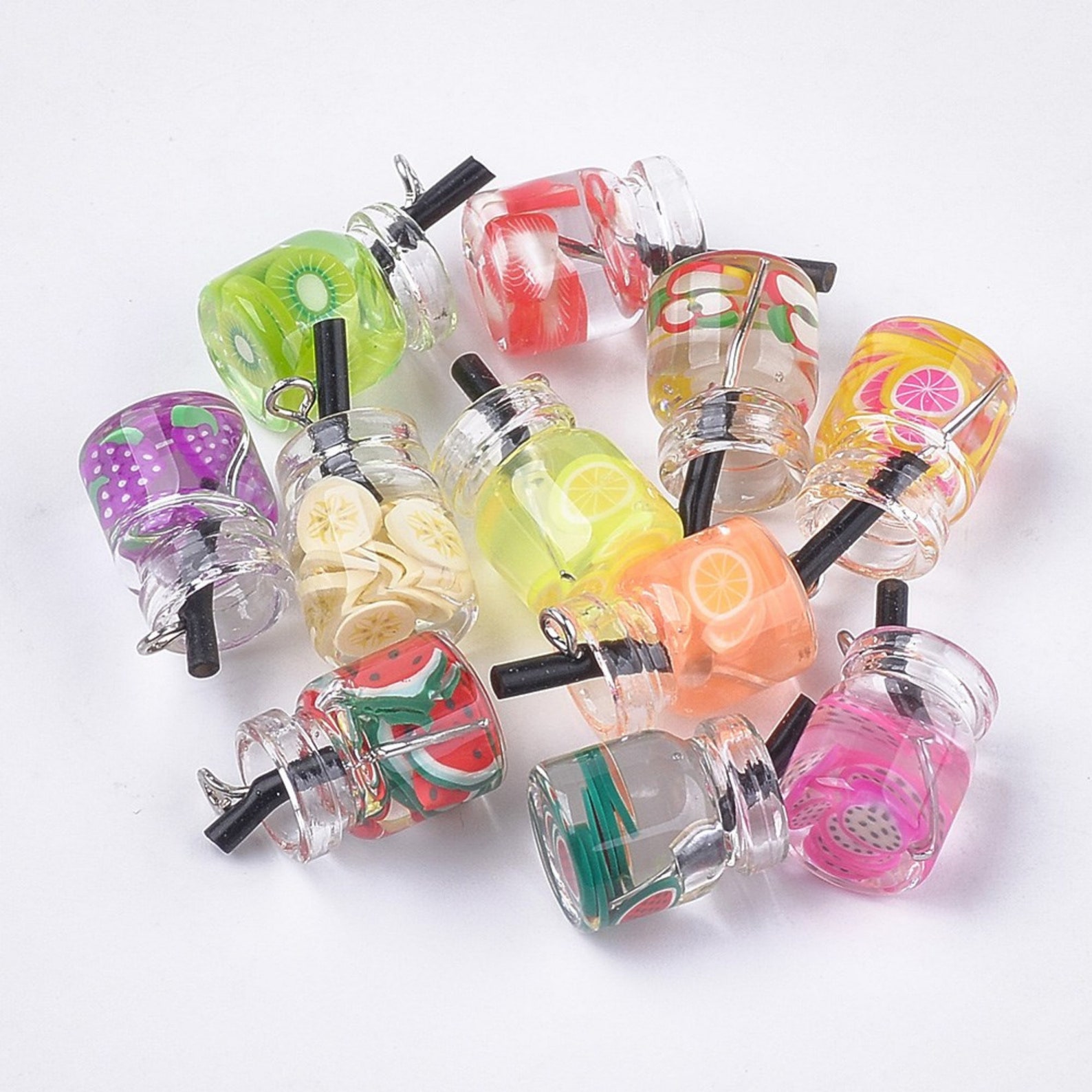 Mixed Mini Resin Fruit Tea Charm, 12 Pieces in Pairs, Glass Bottle ...