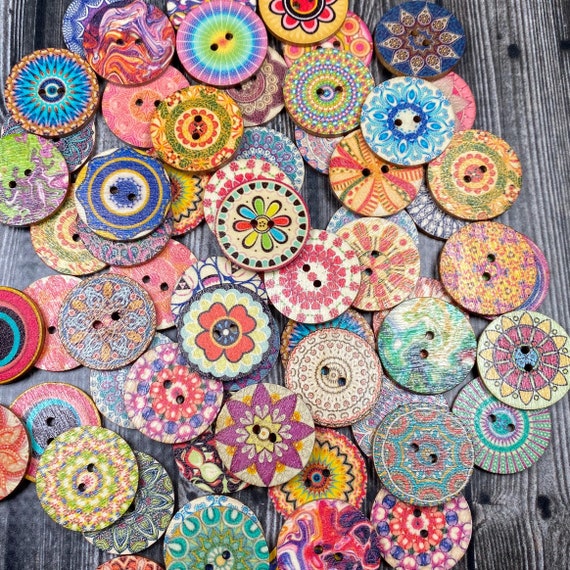 Wooden Boho 2 Hole Buttons Pack of 50 Random Colors 25mm | Etsy