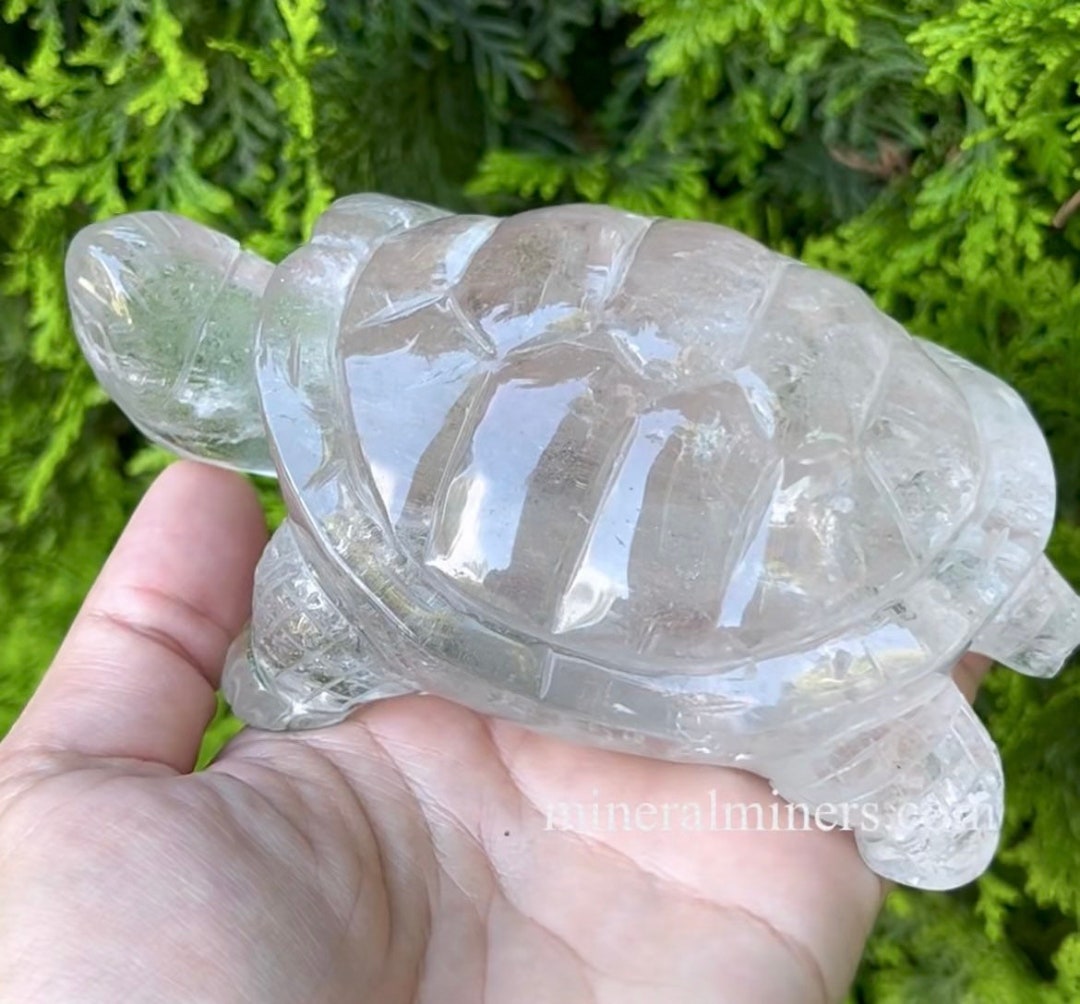 Large Hand Carved Quartz Turtle, Clear Crystal Carving, Brazilian ...