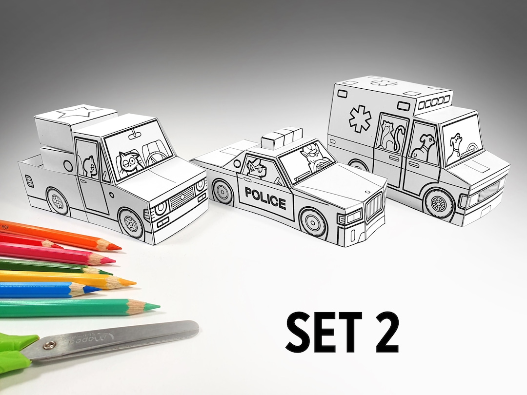 Paper Toy Cars Printable Activity Sheets Craft Kit Cut and Color Pages ...