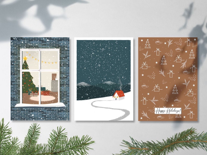 Cute Christmas Cards, Colorful Winter Gift Cards, Digital Illustrated ...