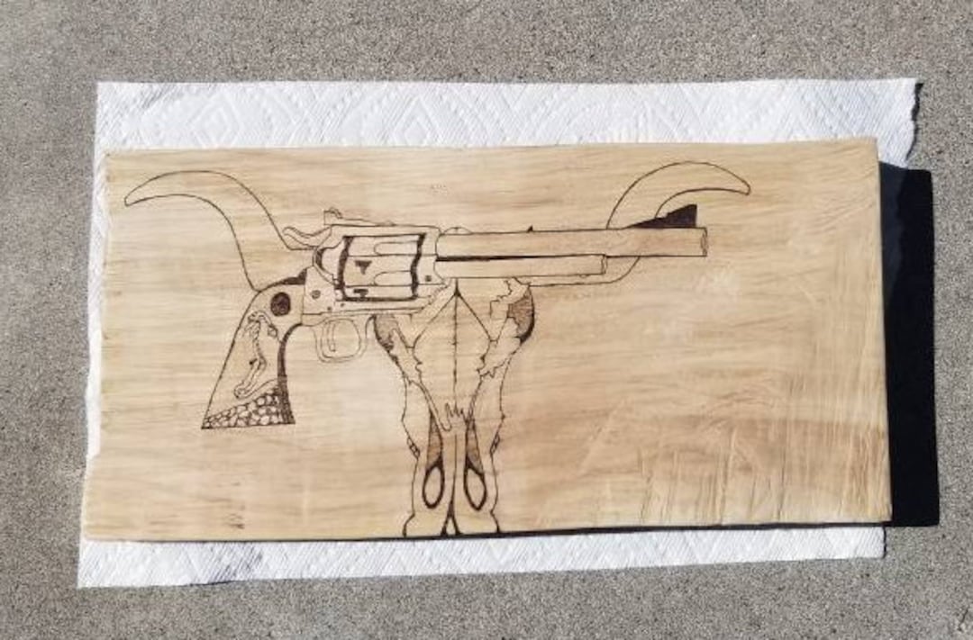 Wood Burning of Revolver Pistol With Long Horn Skull - Etsy