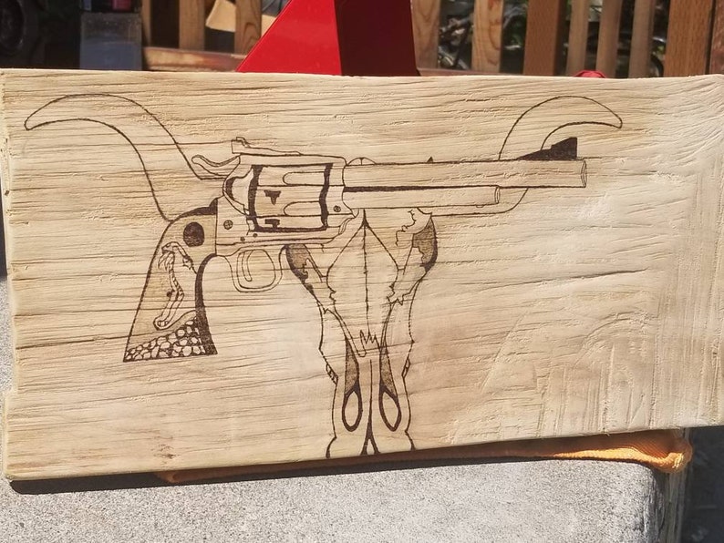 Wood Burning of Revolver Pistol With Long Horn Skull - Etsy