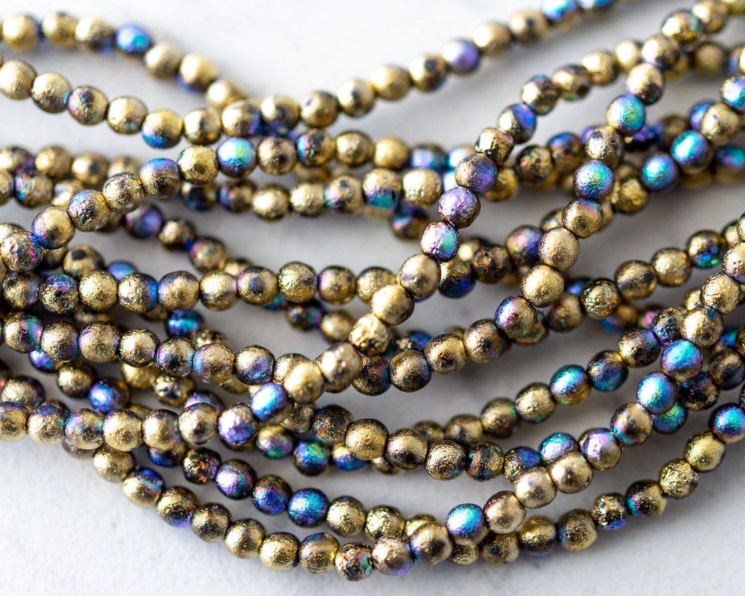 4mm Druk Beads Etched Gold Ore AB Smooth Round Druk Beads Gold Rainbow ...