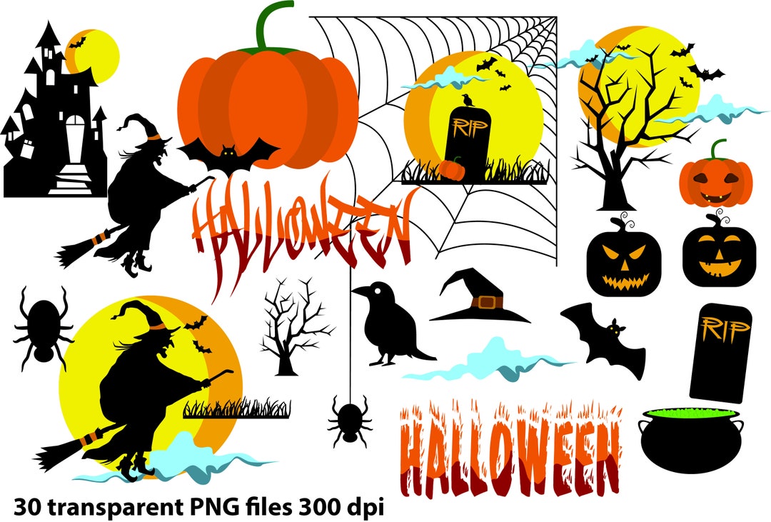 Halloween Clipart Set Witch Castle Moon Bat Spider Web Tree Cloud Crow ...