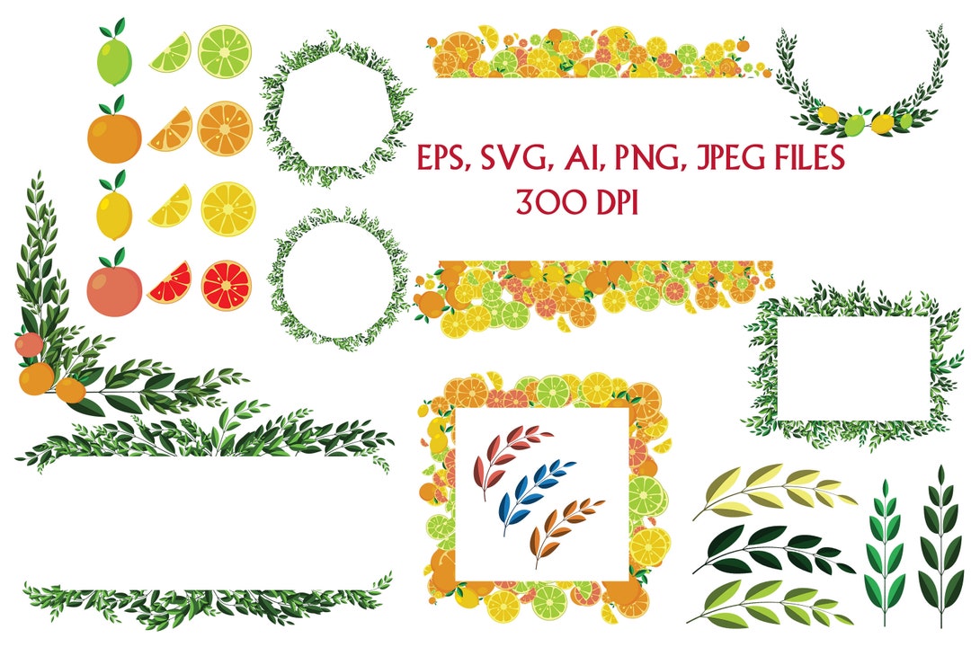 Citrus Fruits Clipart Leaves Wreaths Lemon Lime Orange Grapefruit ...