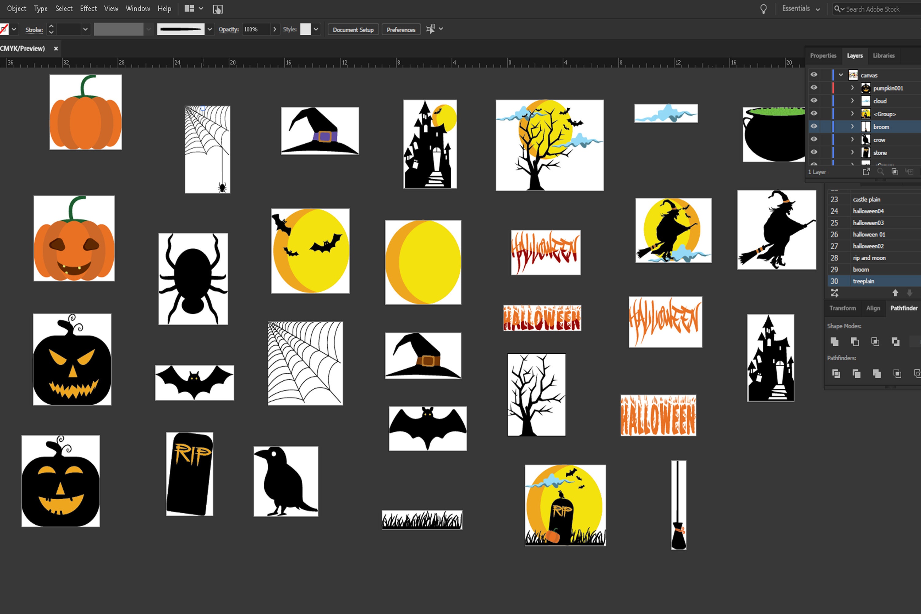 Halloween Clipart Set Witch Castle Moon Bat Spider Web Tree Cloud Crow ...