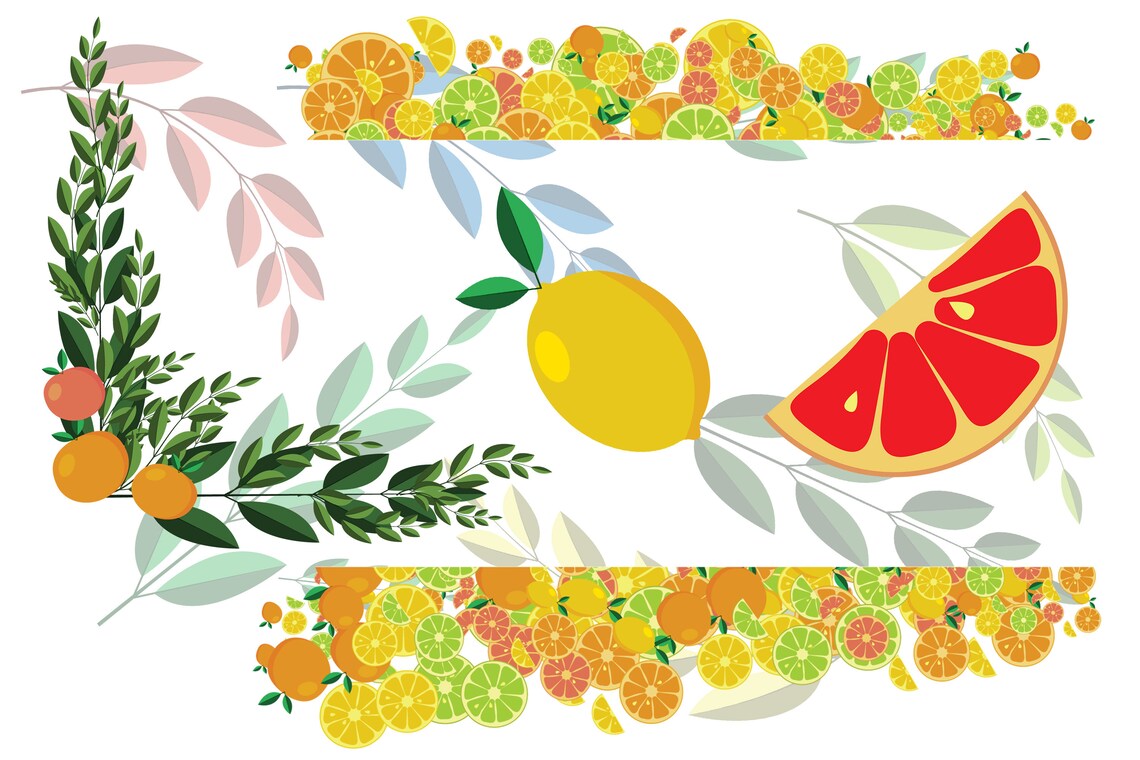 Citrus Fruits Clipart Leaves Wreaths Lemon Lime Orange Grapefruit ...
