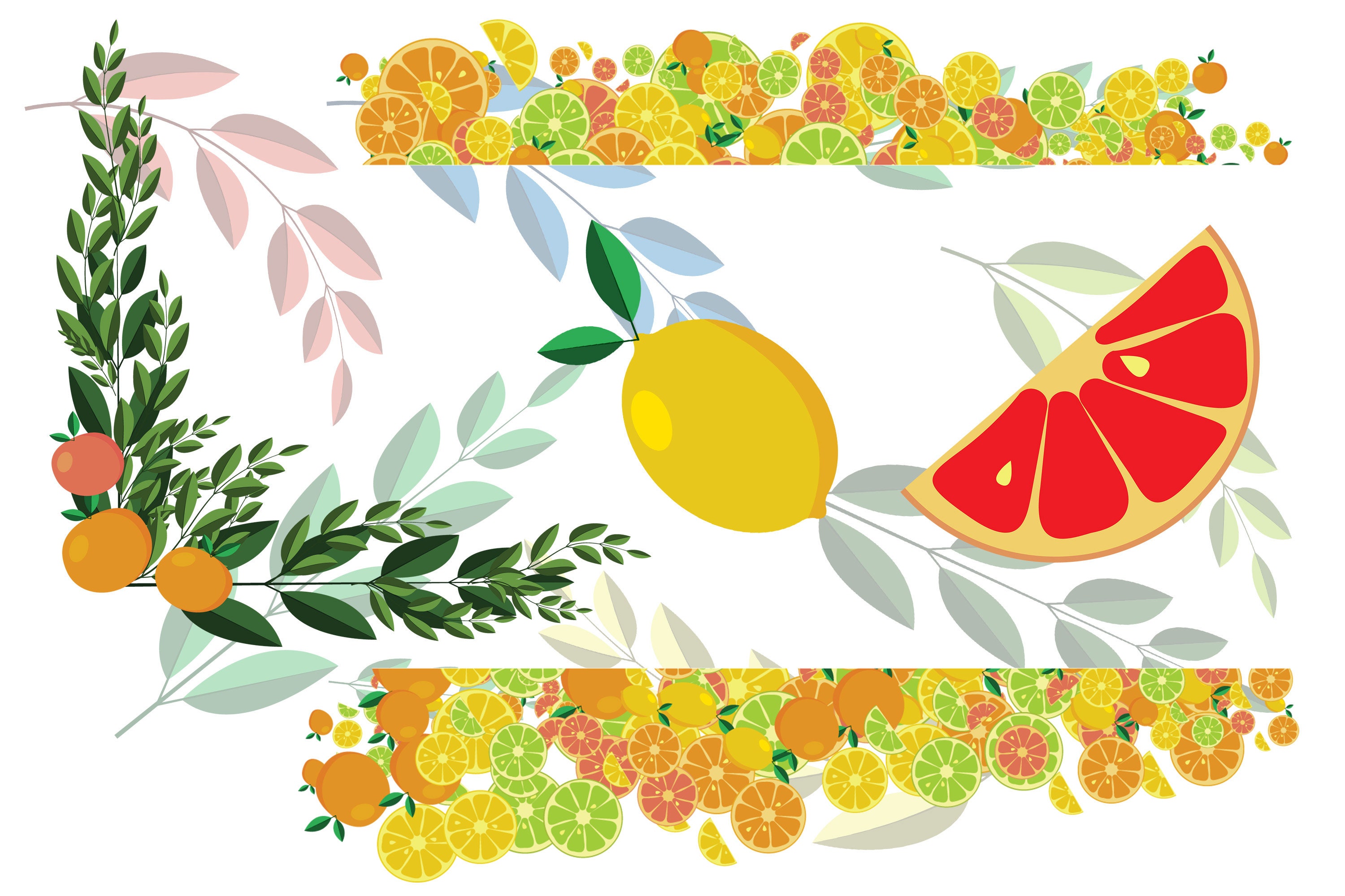 Citrus Fruits Clipart Leaves Wreaths Lemon Lime Orange Grapefruit ...