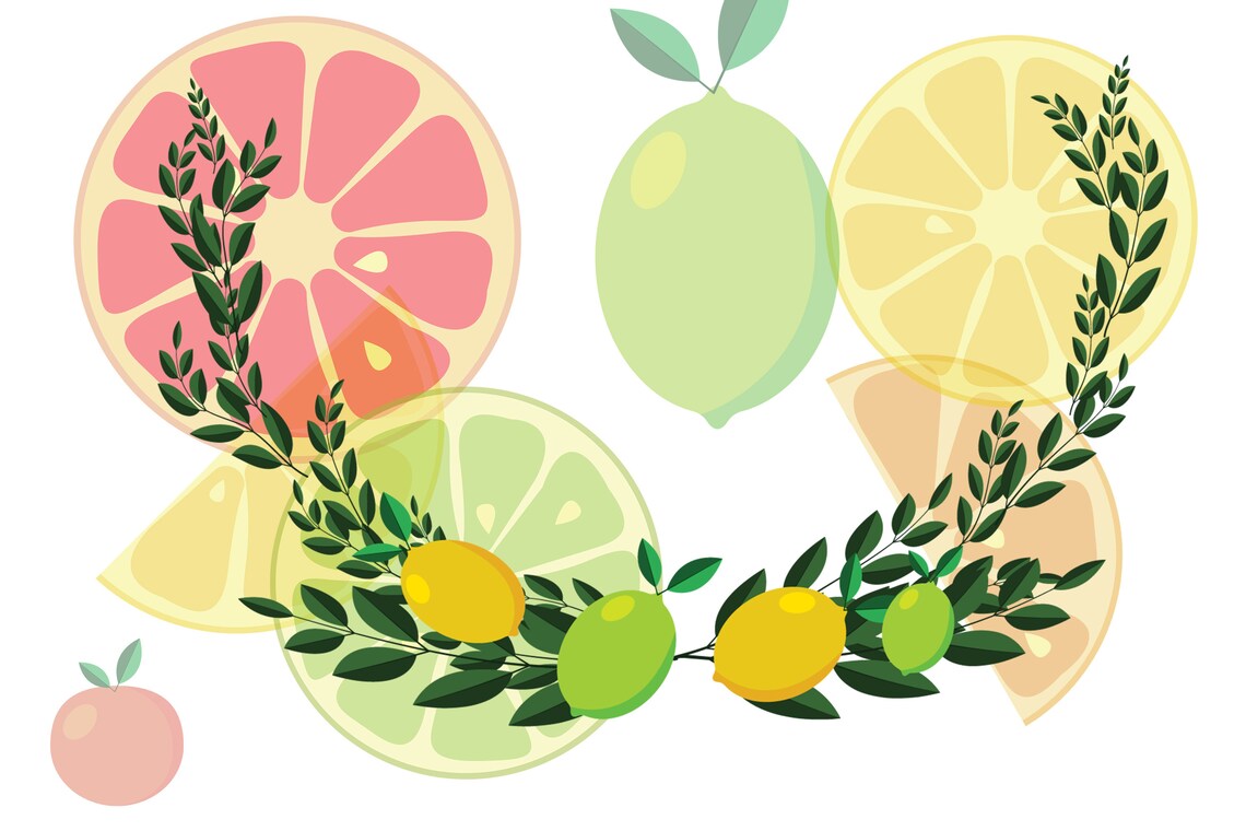 Citrus Fruits Clipart Leaves Wreaths Lemon Lime Orange Grapefruit ...