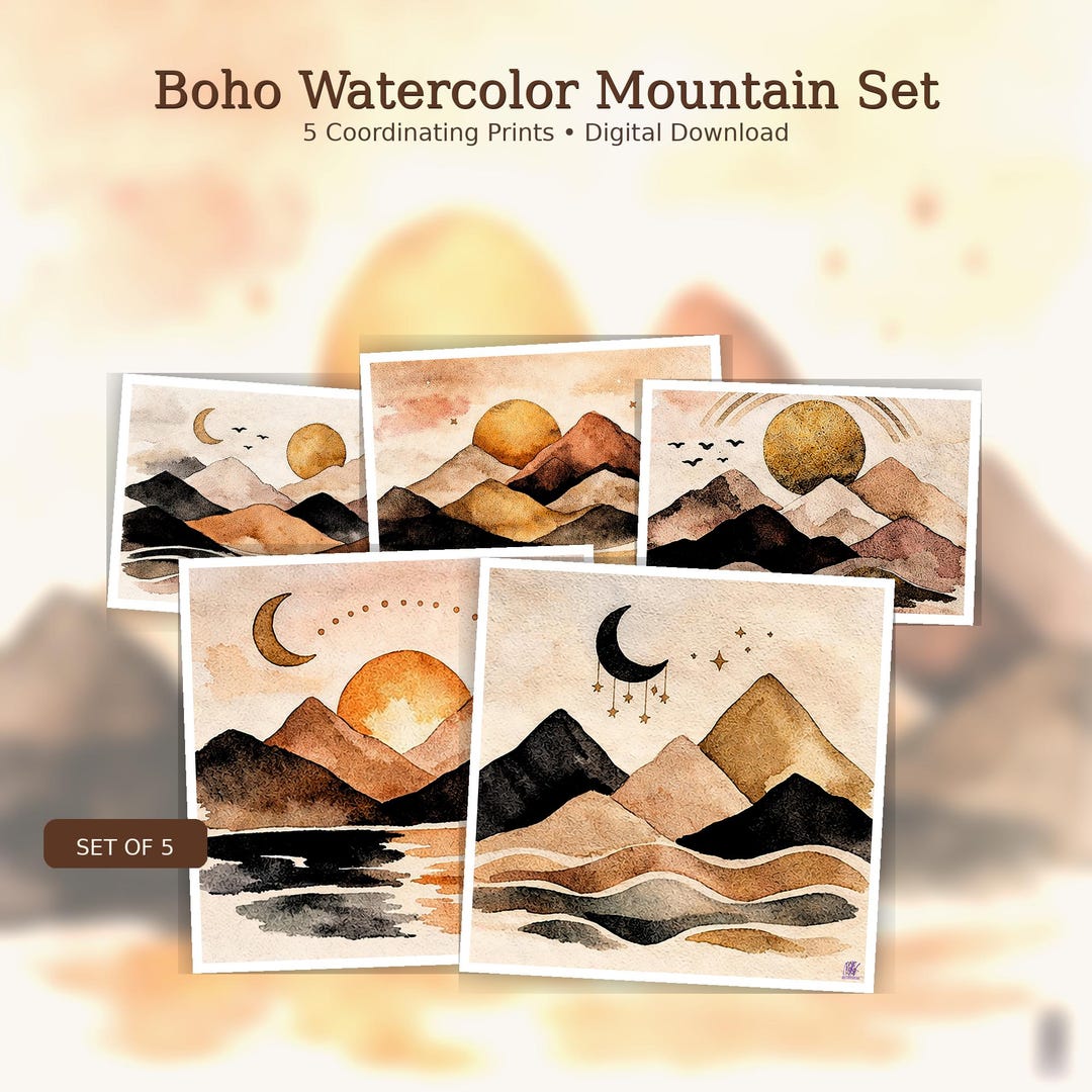 Set of 5 Watercolor Mountain Prints | Abstract Desert Sunset Boho Decor ...
