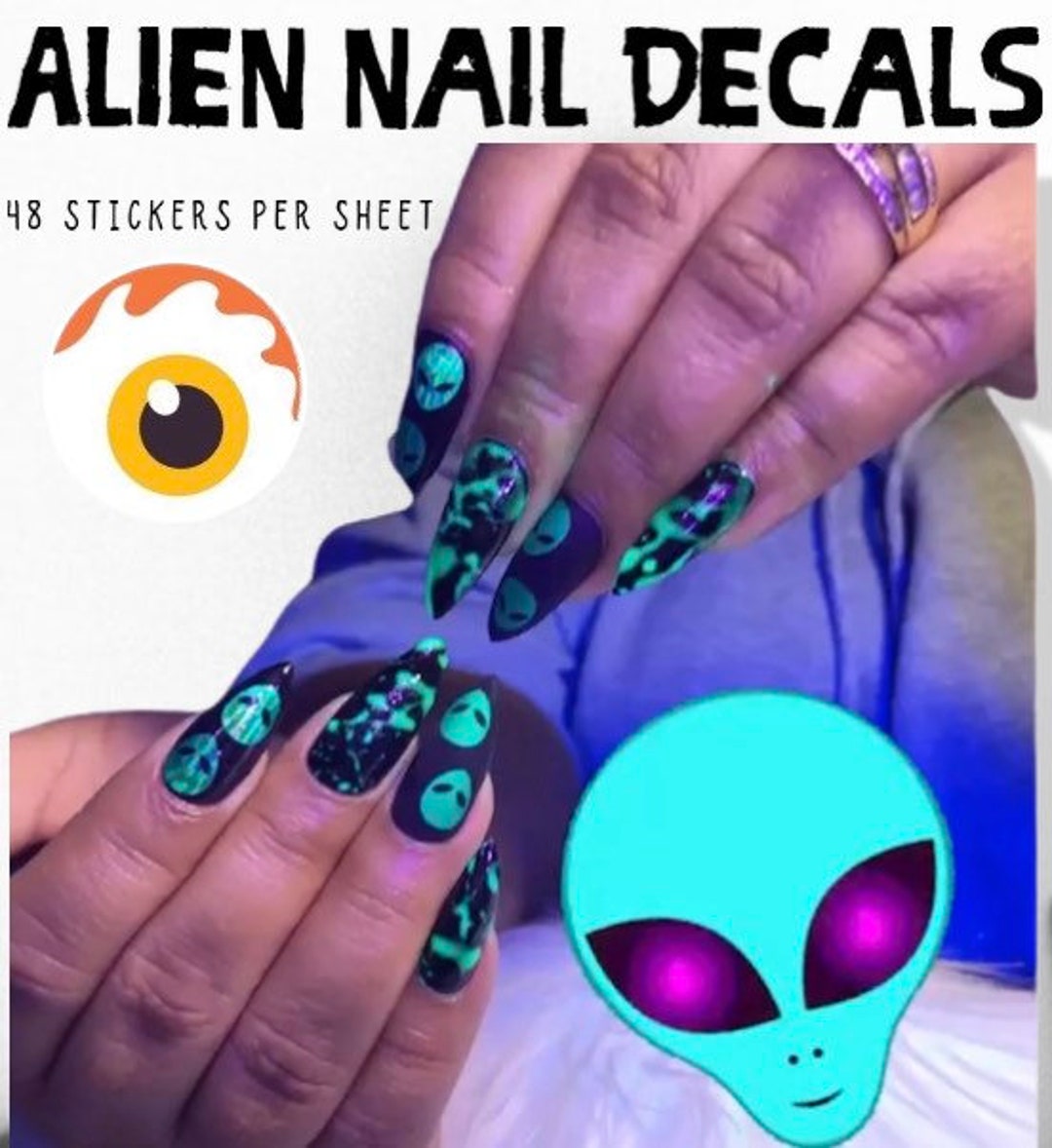 Alien Nail Art Sticker Green Holographic Nail Decal for - Etsy