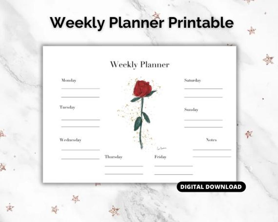 Weekly Planner Printable, Digital Print, Desk Planner With Red Rose - Etsy