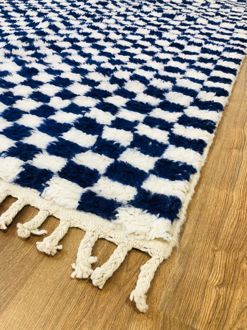 Custom Handmade Moroccan Checkered Rug, Checkerboard Blue & White Wool ...