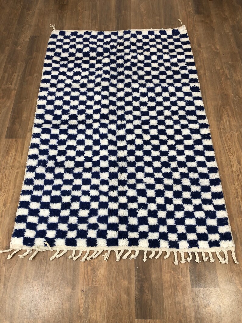 Custom Handmade Moroccan Checkered Rug, Checkerboard Blue & White Wool ...