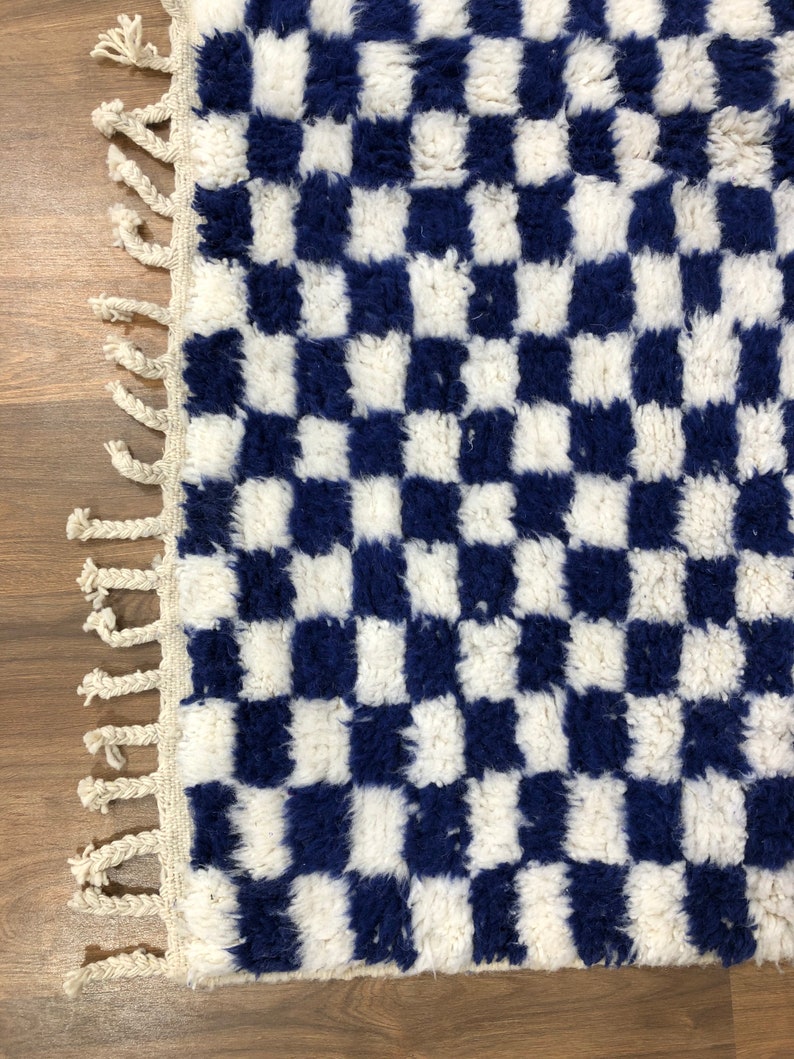 Custom Handmade Moroccan Checkered Rug, Checkerboard Blue & White Wool ...