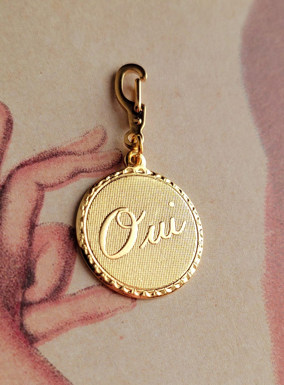 Oui Charm on Miniature Carabiner Clip Gold Plated Charm Drop Coin Disc ...