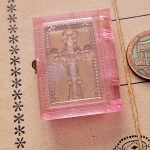 Vintage Mini Religious Book Container Pink Plastic Metal Case Reliquary ...