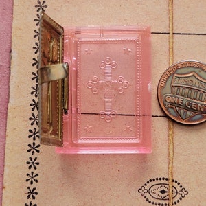 Vintage Mini Religious Book Container Pink Plastic Metal Case Reliquary ...