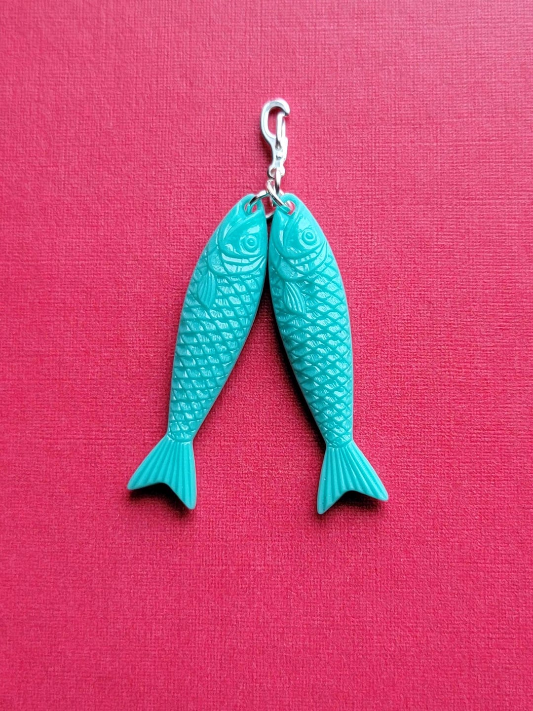 Lucite Fish Charms on Miniature Carabiner Clip Turquoise Blue Fish ...