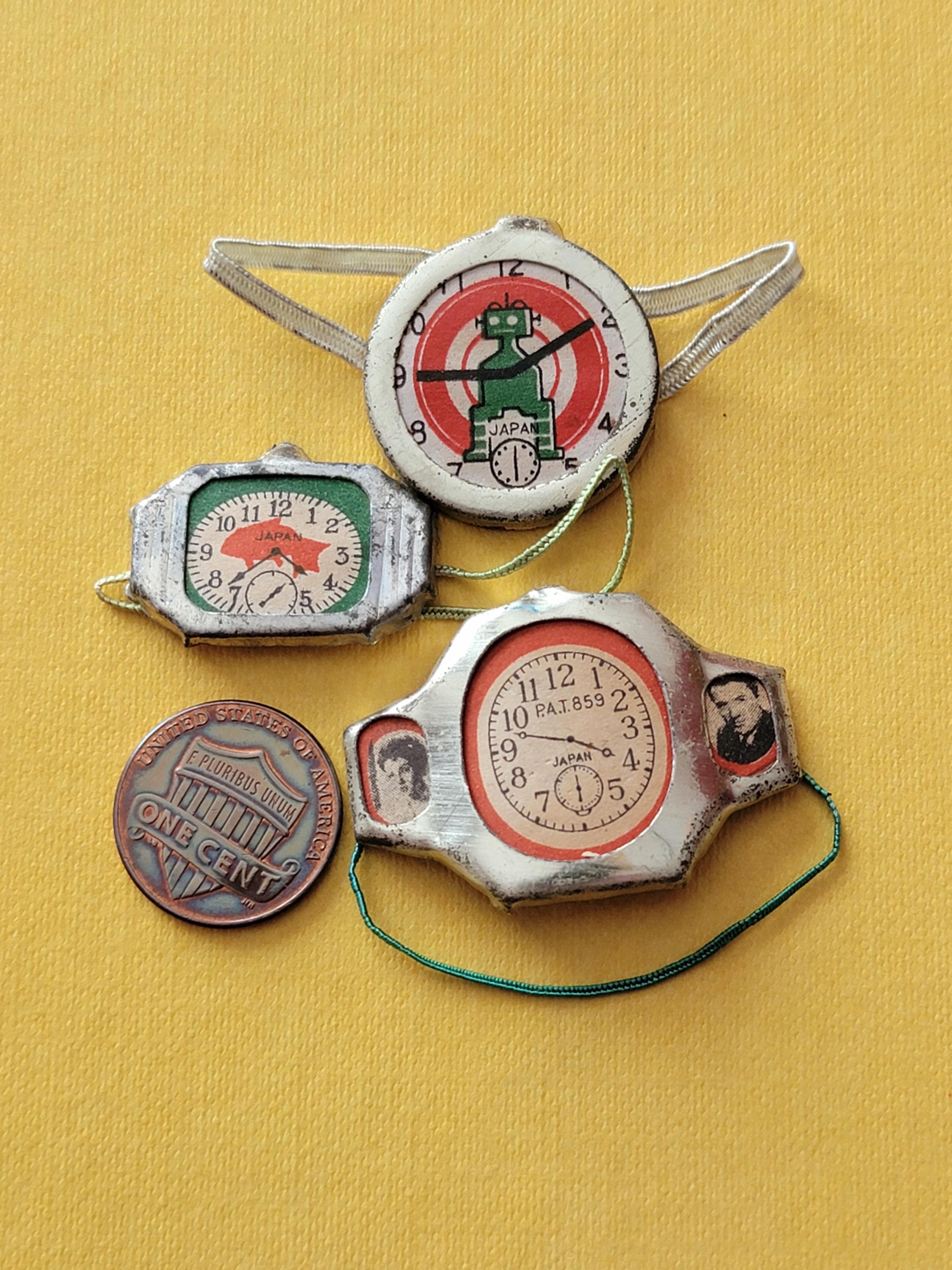 3 Vintage Toy Tin Watches WW2 Pretend Wristwatch Tin Paper Aged Faux ...