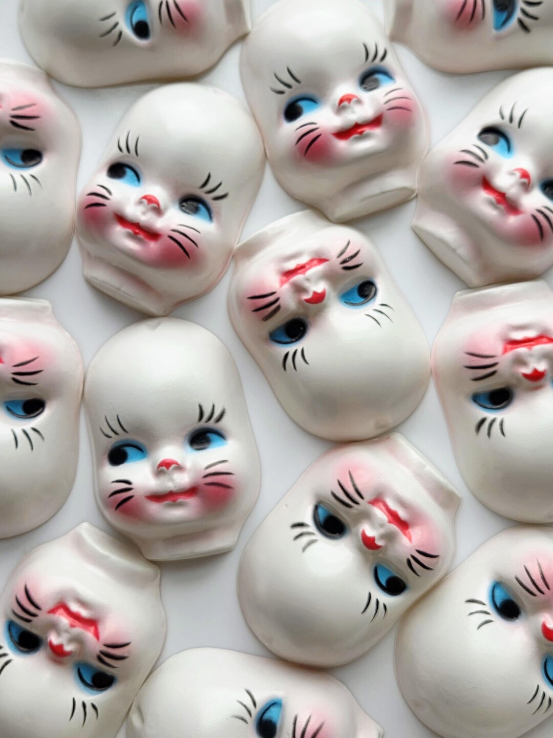 6 Vintage Rabbit Faces Plastic Bunny (6pcs) Kitsch Doll Parts White ...