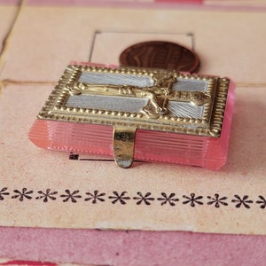 Vintage Mini Religious Book Container Pink Plastic Metal Case Reliquary ...