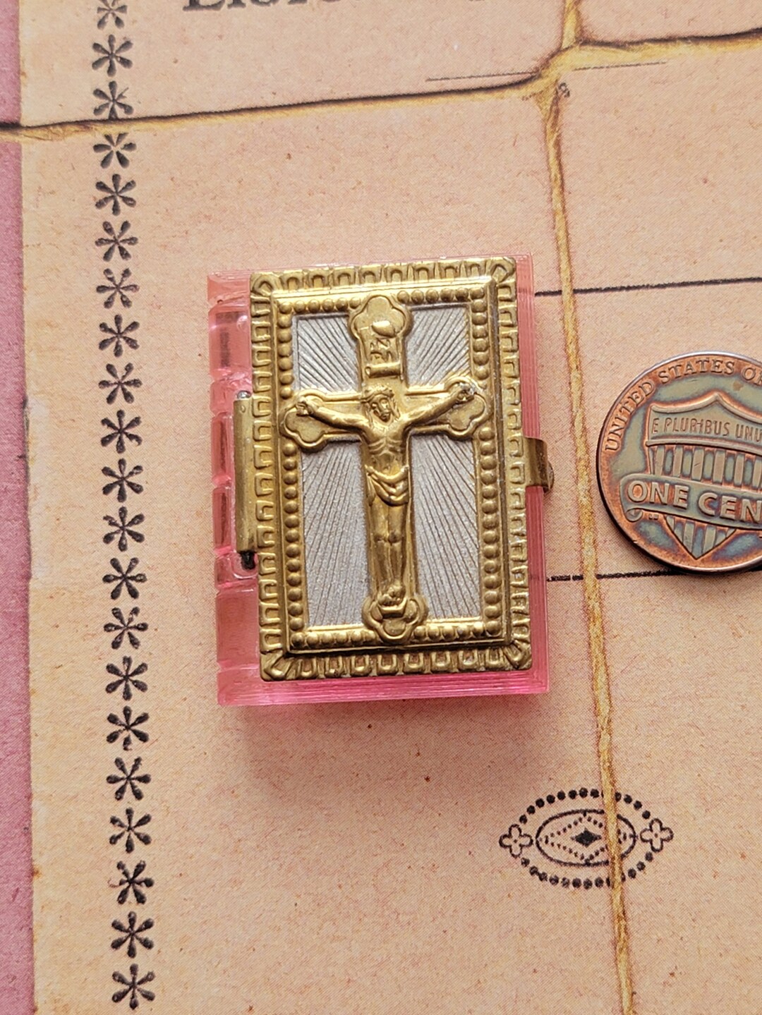 Vintage Mini Religious Book Container Pink Plastic Metal Case Reliquary ...