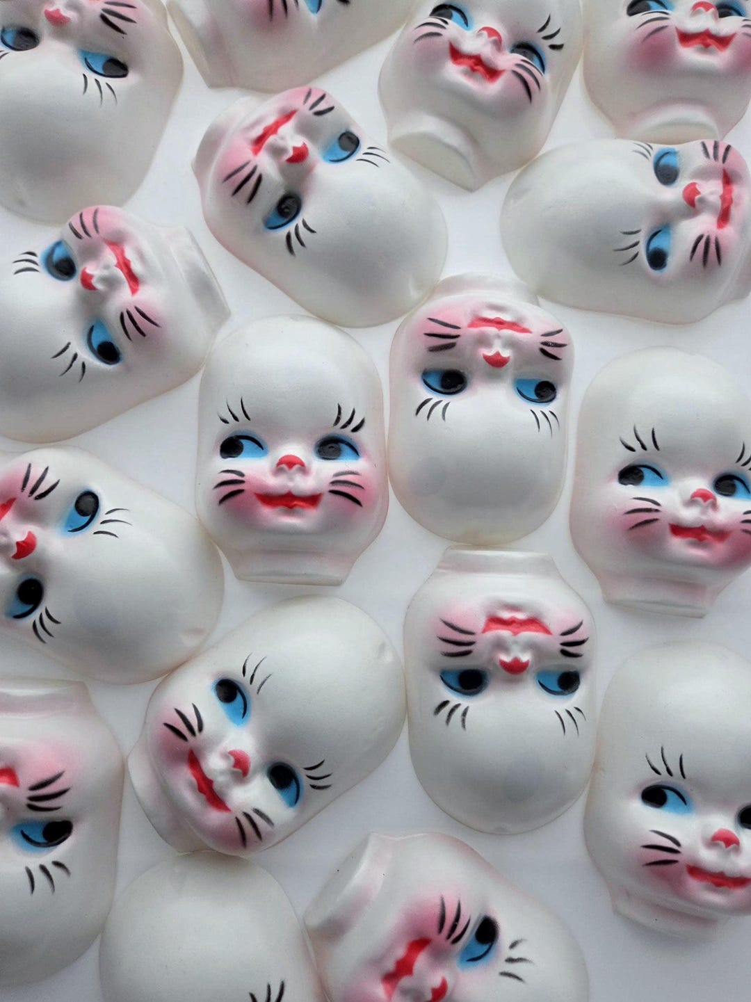 6 Vintage Rabbit Faces Plastic Bunny (6pcs) Kitsch Doll Parts White ...