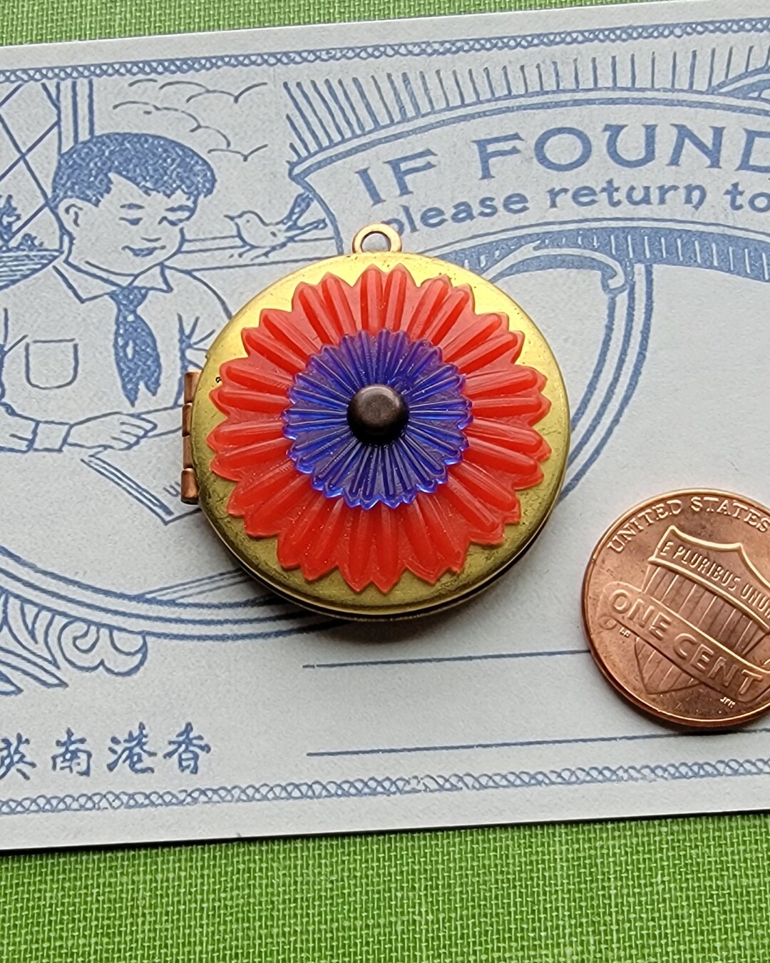 Vintage Round Brass and Copper Locket With Plastic Flower Brad Rosette ...