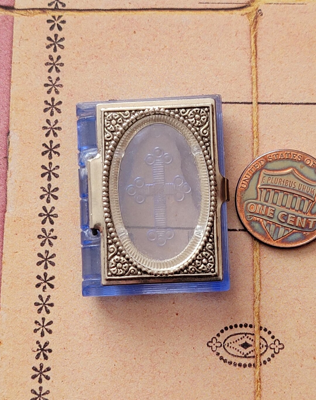 Vintage Mini Religious Book Container Blue Plastic Metal Holy Case ...