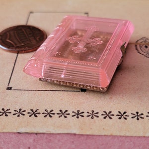 Vintage Mini Religious Book Container Pink Plastic Metal Case Reliquary ...