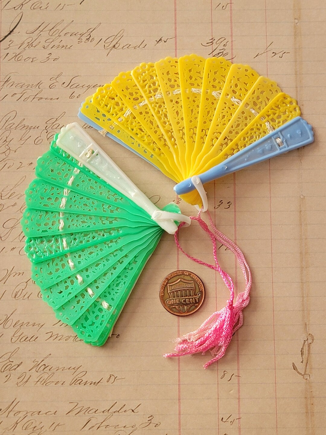 2 Vintage Mini Plastic Folding Fans With Tassels Doll Fan Dimestore Toy ...