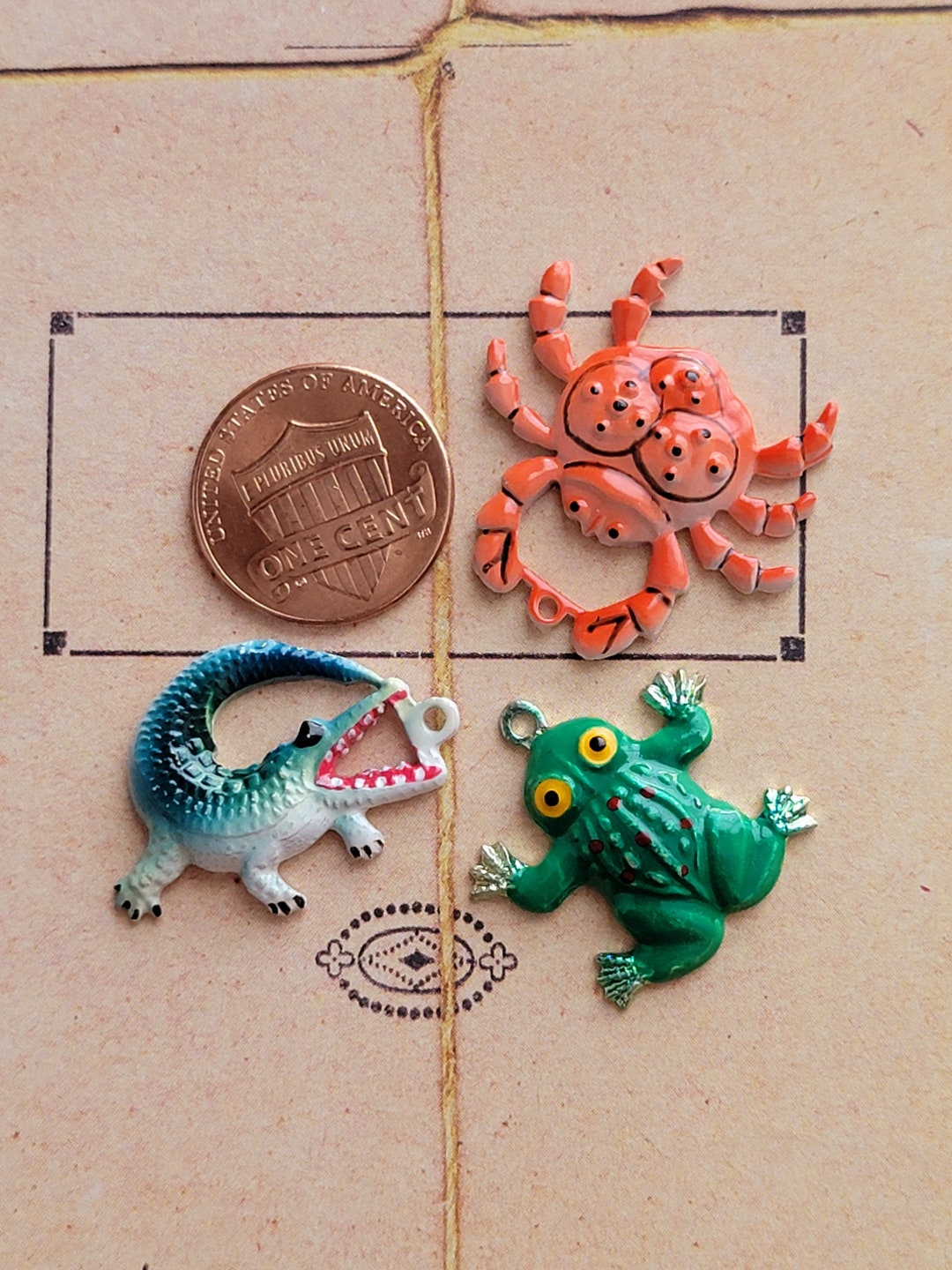 3 Vintage Enamel Animal Pendants Charms Frog Alligator Crab Hand ...