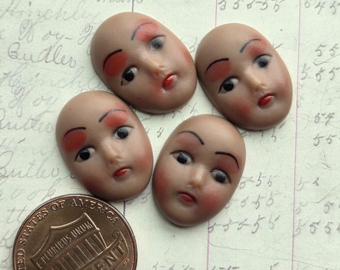 4 Vintage Mini Face Cabochons Tiny Dark Brown Plastic Painted Doll ...