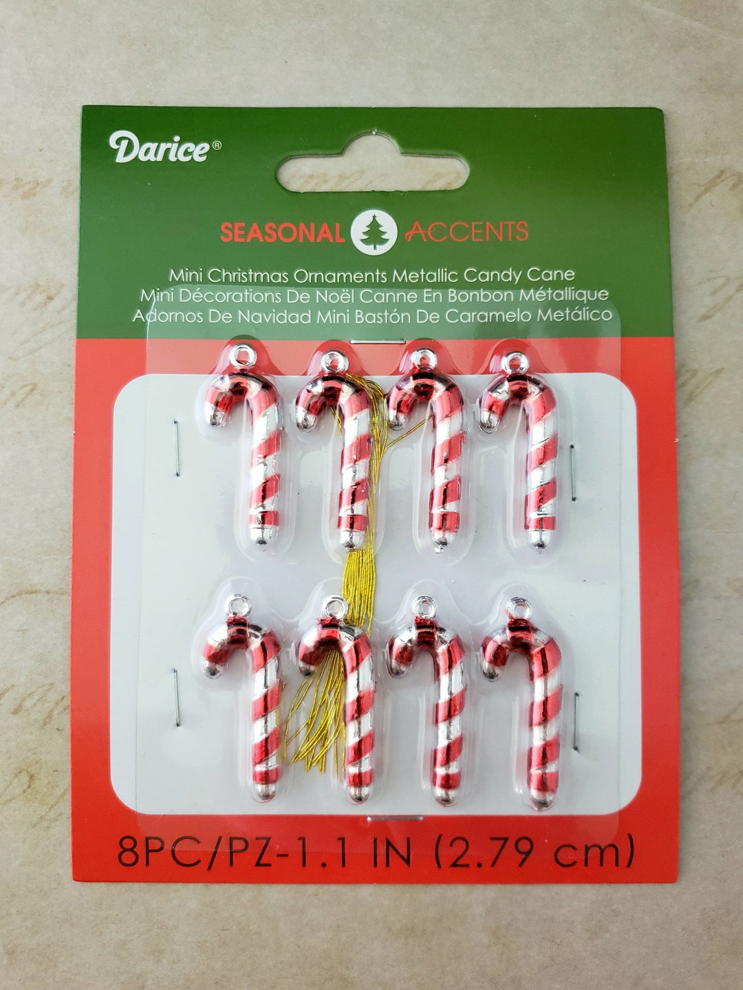 8 Miniature Plastic Candy Cane Ornaments Charms Retro Metallic Mini ...