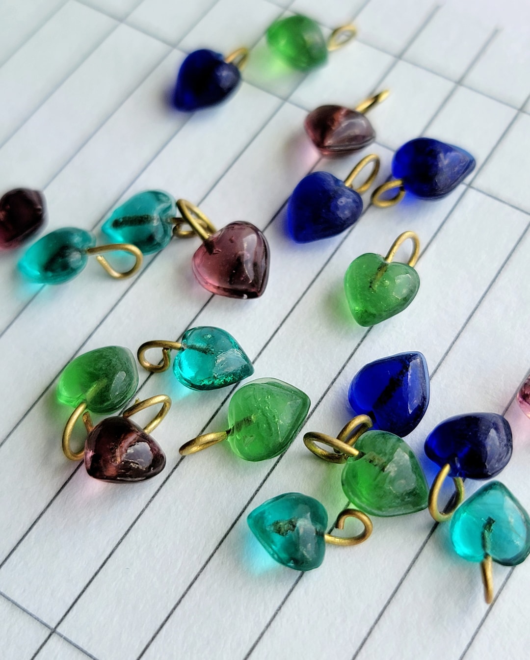 40 Pressed Glass Hearts With Embedded Brass Wire Loops Tiny Assorted ...