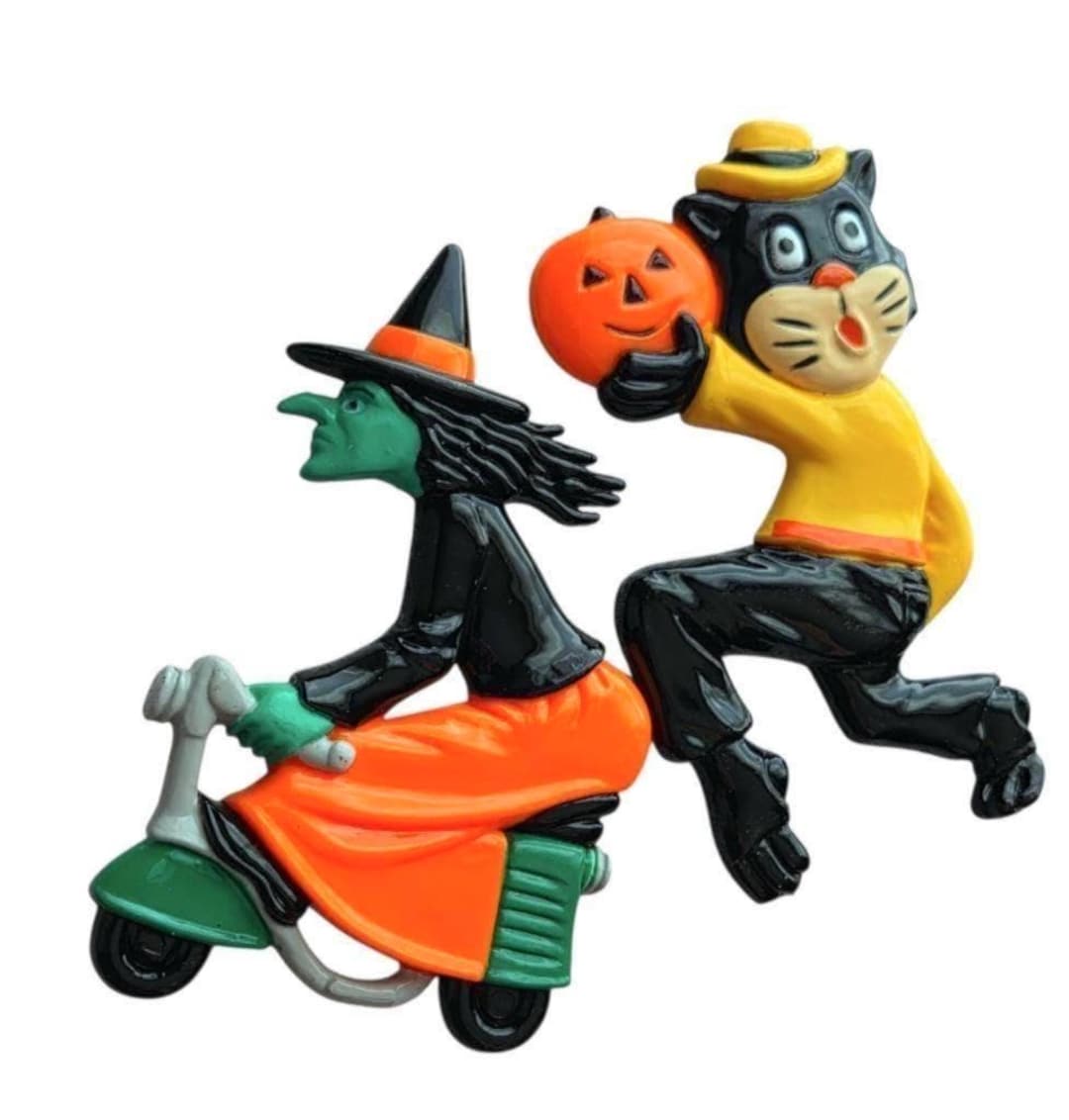Vintage Witch on Moped and Hep Cat Accoutrements Hard Plastic Large ...