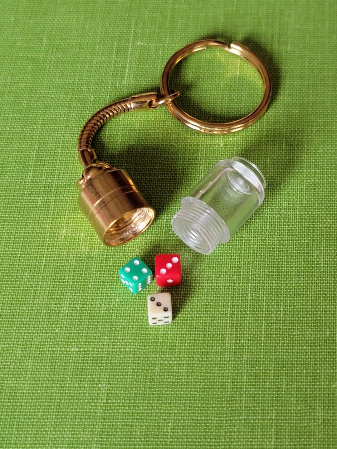 Vintage Mini Dice in Capsule Keychain Three Tiny Dice in Plastic Brass ...