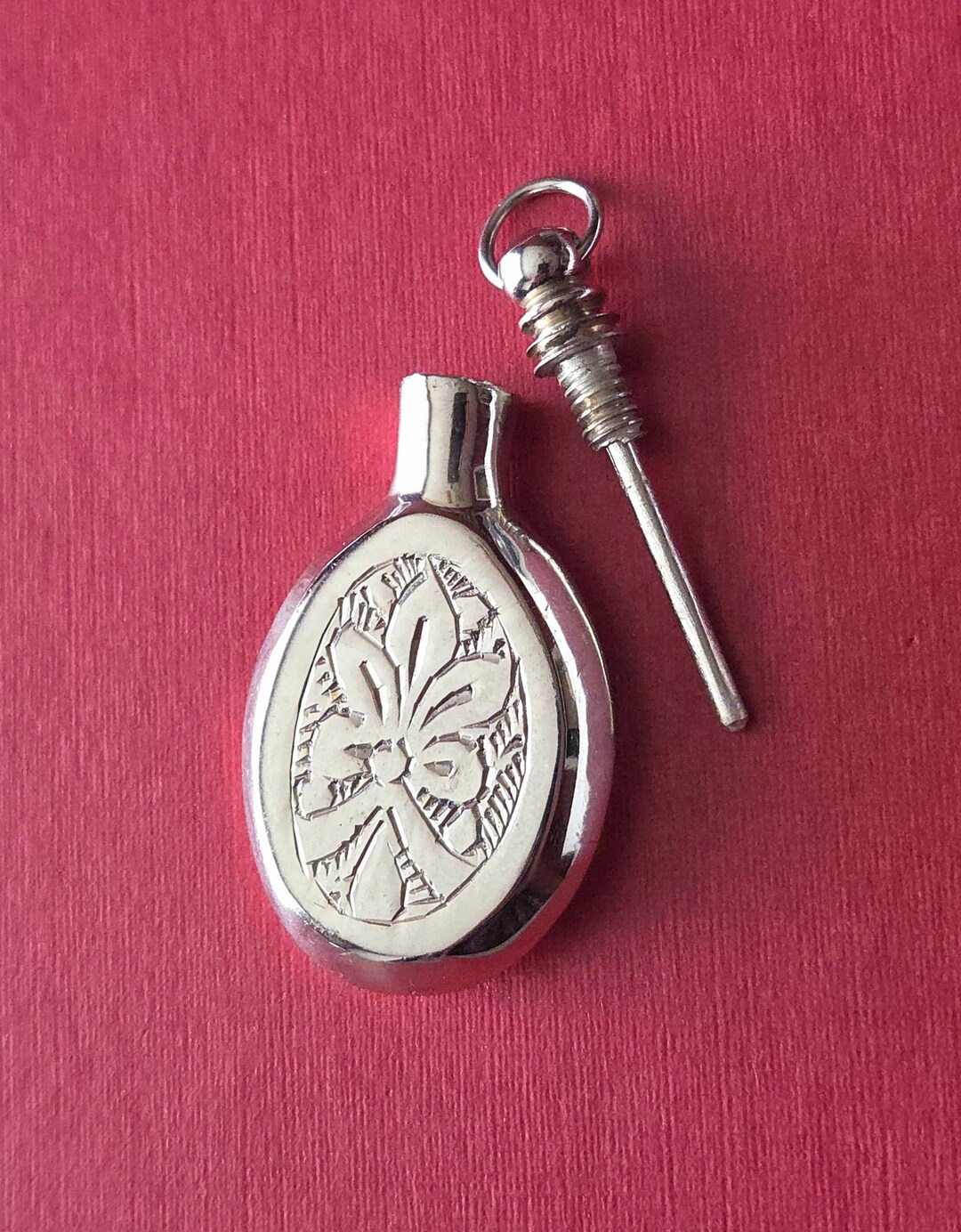 Vintage Perfume Bottle Pendant Silvertone Metal Vial With Dabber Boho ...