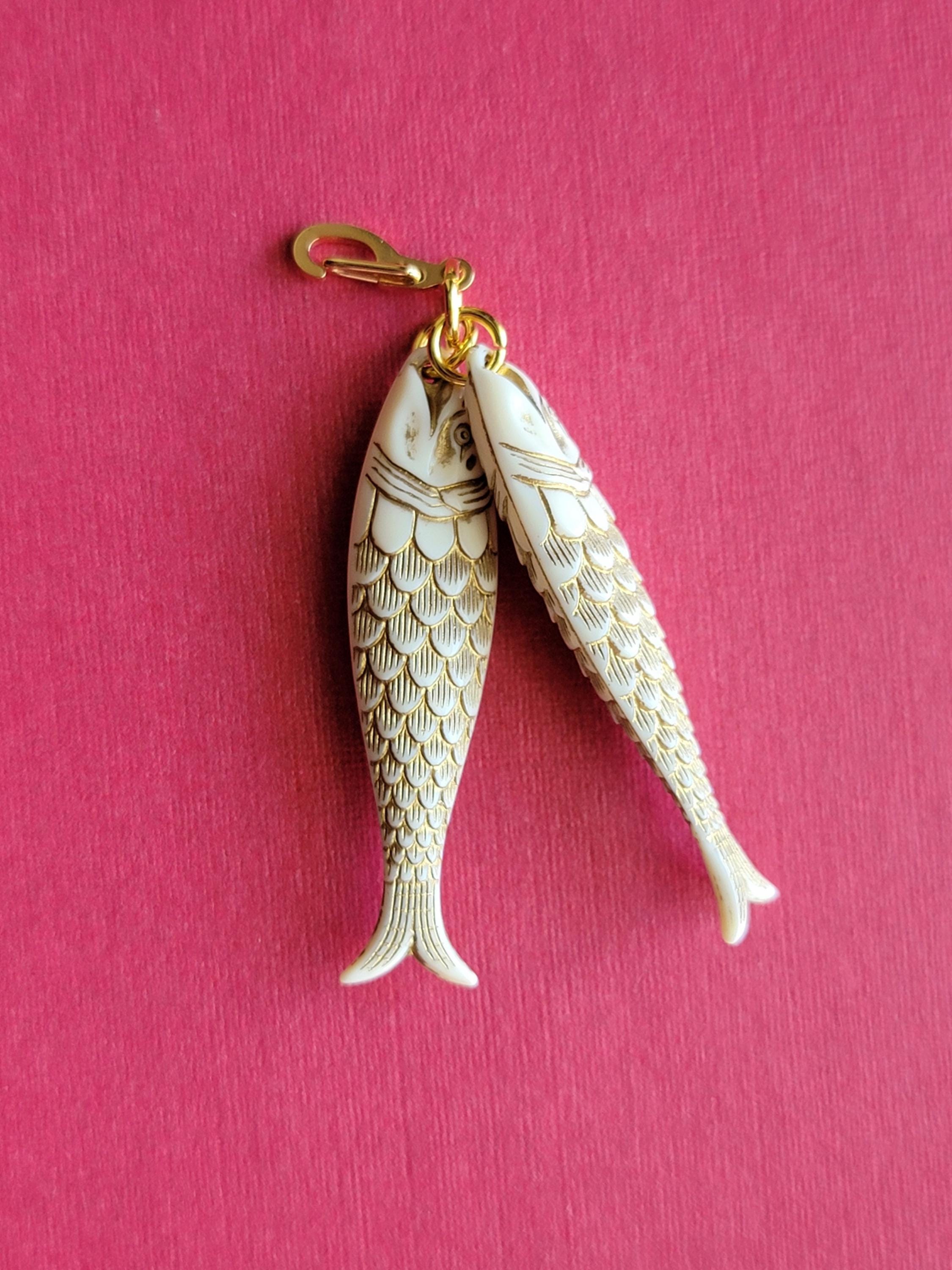 Lucite Fish Charms on Miniature Gold Plated Carabiner Clip Cream Gold ...