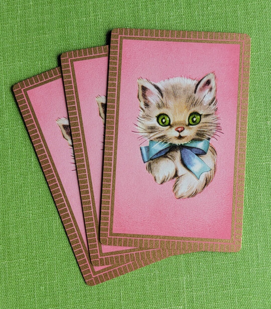 3 Vintage Kitty Swap Cards (3pcs) Pink Playing Card Singles Gilt Kitten ...